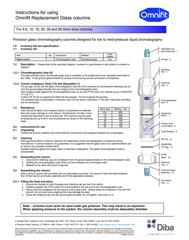 Omnifit Replacement Glass Columns - Manual